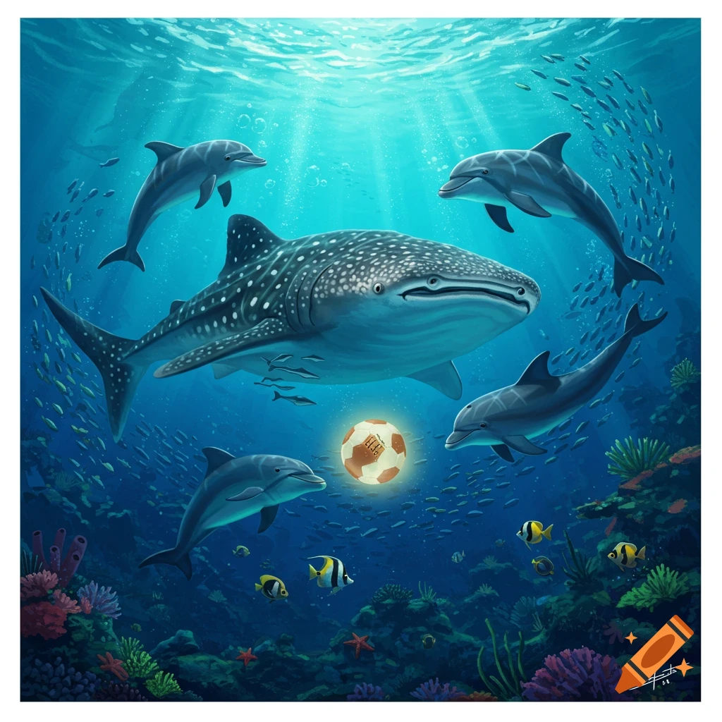 Whale shark and dolphins playing football on Craiyon