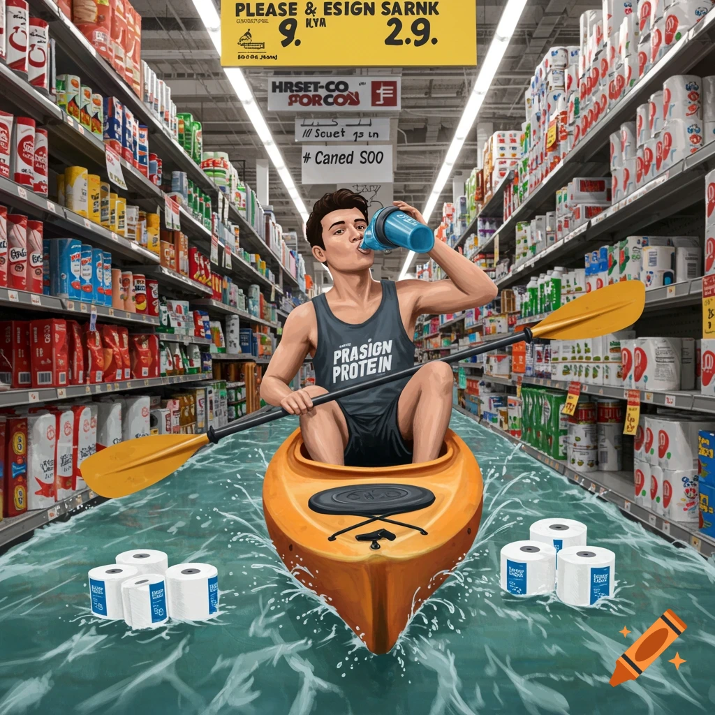 Man drinking protein shake kayaking down Costco aisle on river of ...