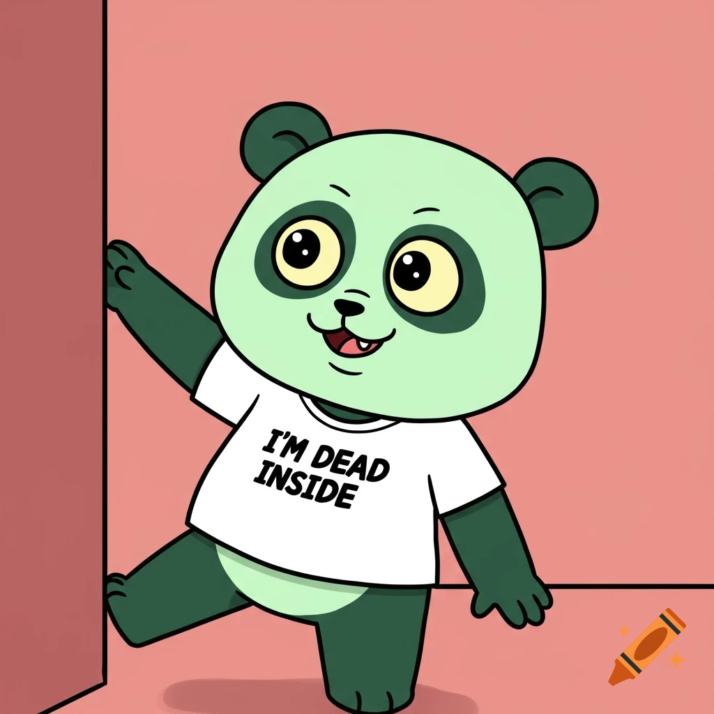 Cartoon of a green panda bear wearing a white t-shirt that says "I'M DEAD INSIDE". on Craiyon