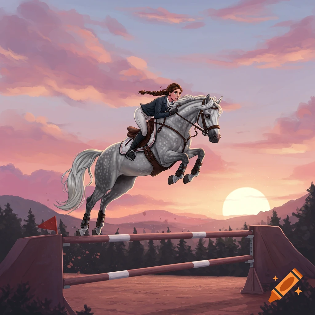 Grey pony jumping with rider on Craiyon