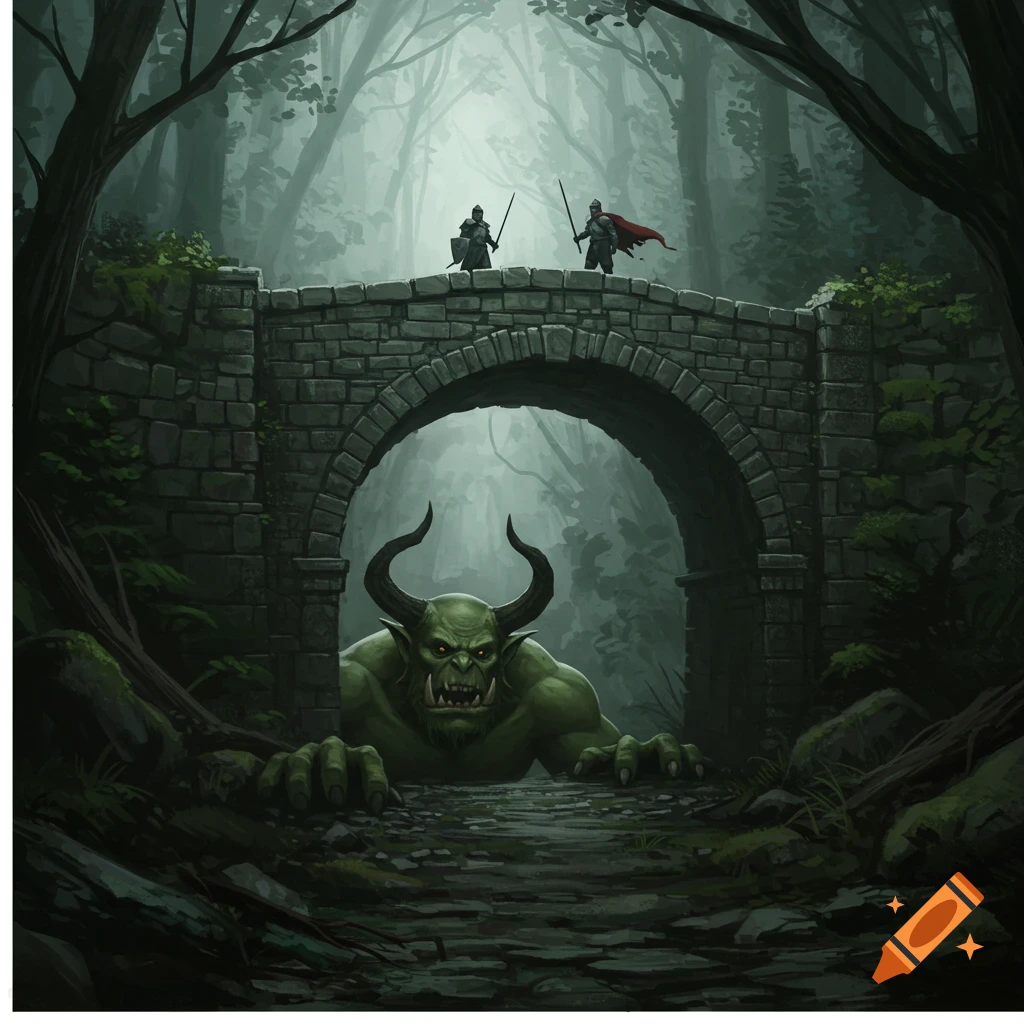 Dark fantasy ogre under a bridge with two knights above on Craiyon