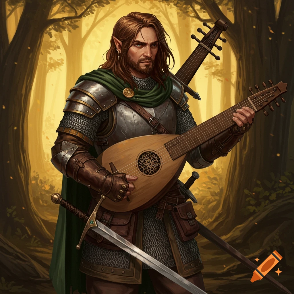An elf bard plays a lute and sings in a forest, surrounded by glowing ...