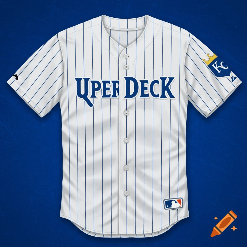 White and blue pinstripe baseball jersey with "Upper Deck" text on Craiyon