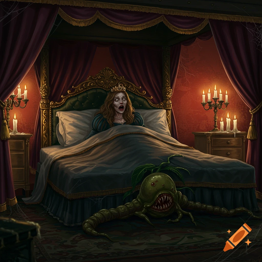 A scared princess in bed with a creepy monster on the floor. on Craiyon