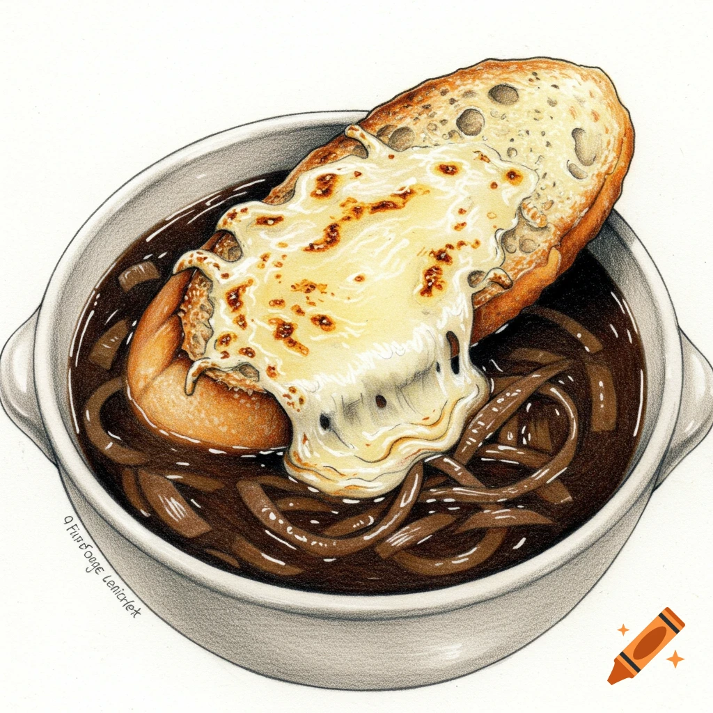 Pencil drawing of French onion soup with melted cheese on toast. on Craiyon