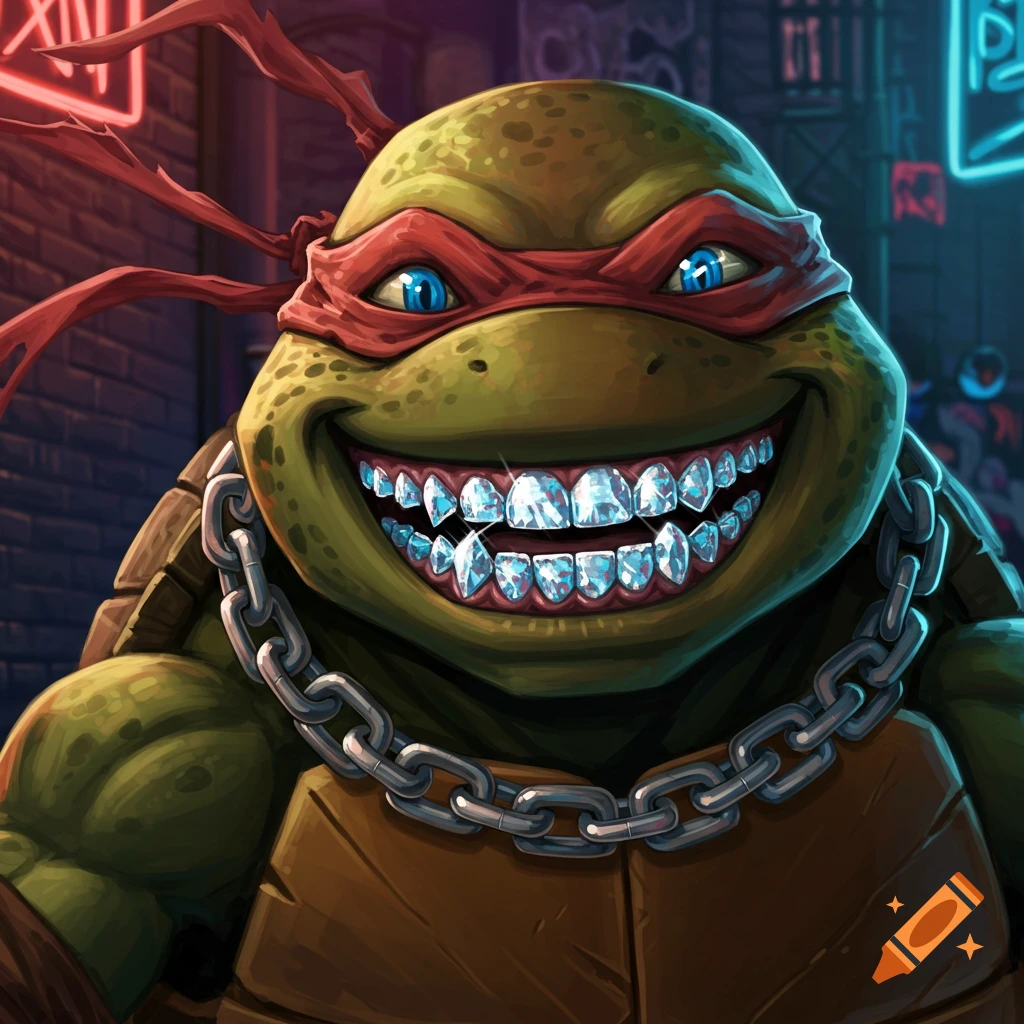 A ninja turtle with diamond teeth and a chain is on a city street at ...