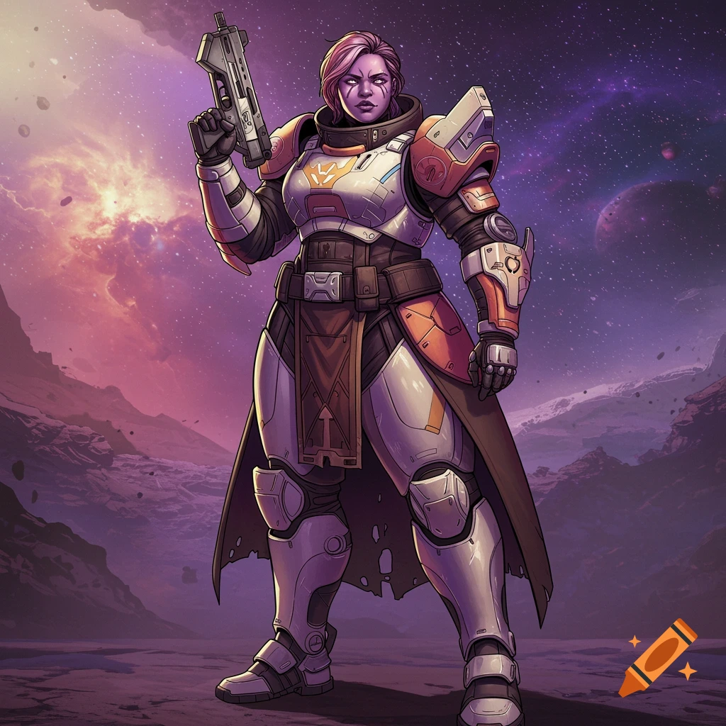 A female Destiny 2 Titan in intricate armor stands on an alien ...