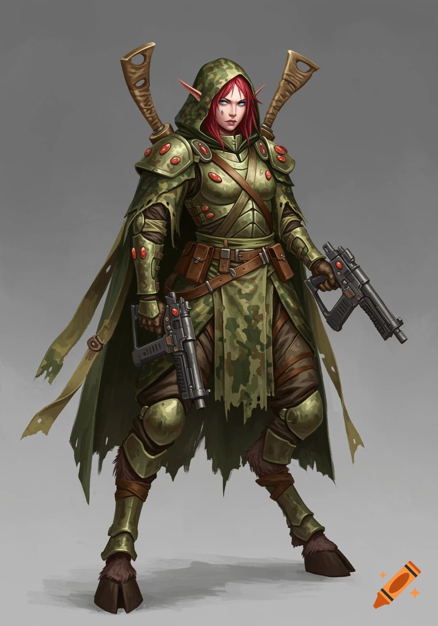 Sci-fi Eldar Ranger with satyr legs in camouflage cloak on Craiyon