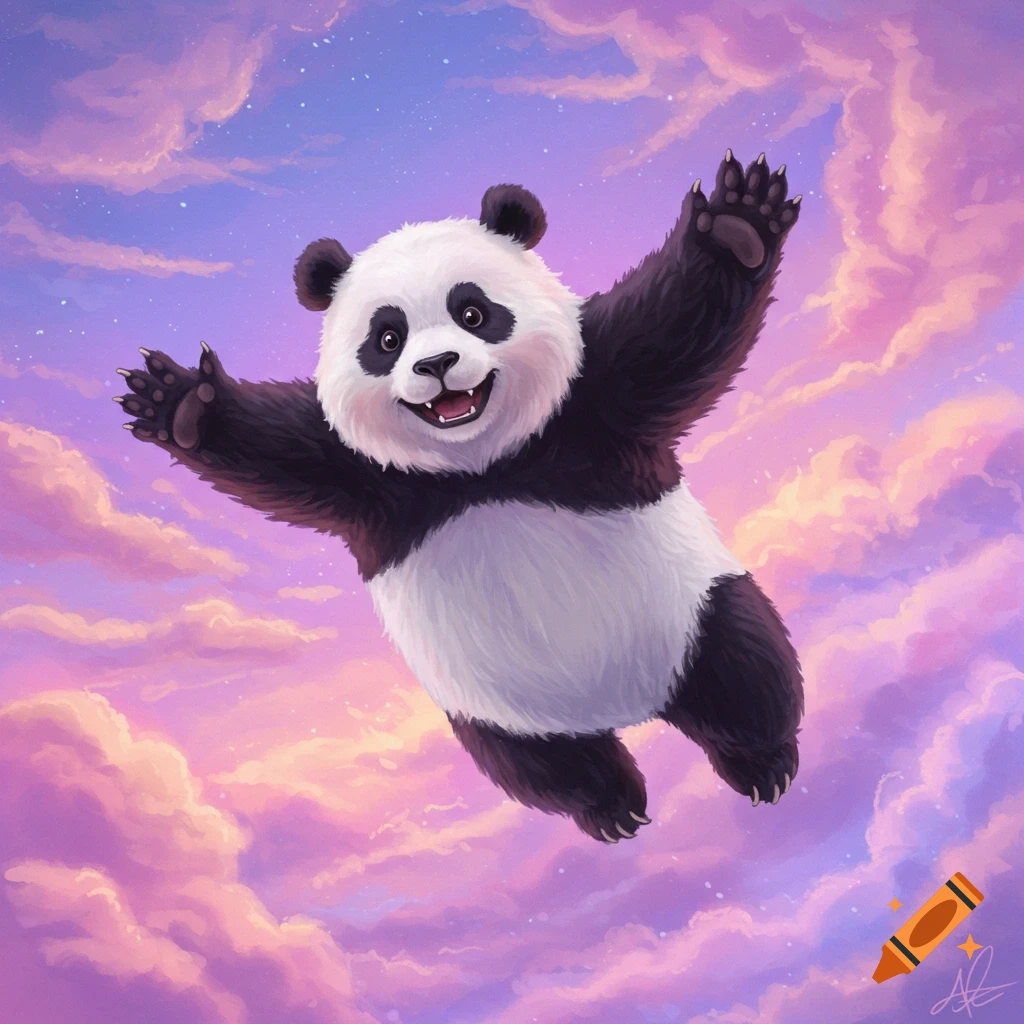 A smiling panda flying with arms out in a starry, pink and purple ...