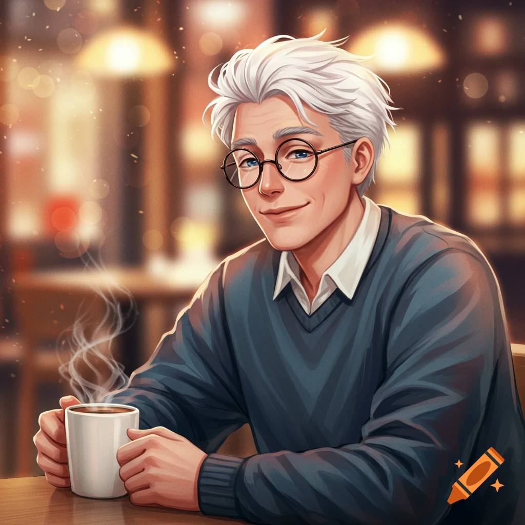 Illustrated man and Lego character drinking coffee at a cafe table. on ...