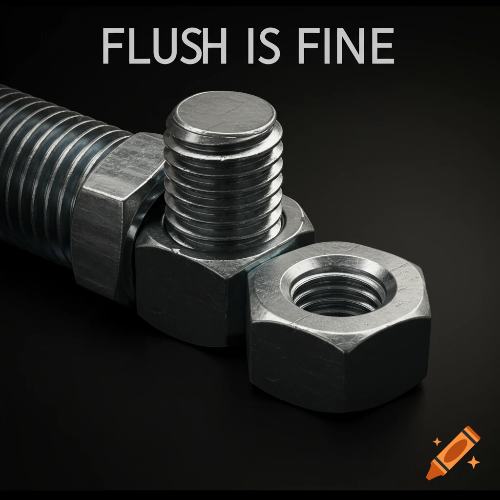 Close-up of a metallic bolt threaded into a nut with 'Flush Is Fine ...