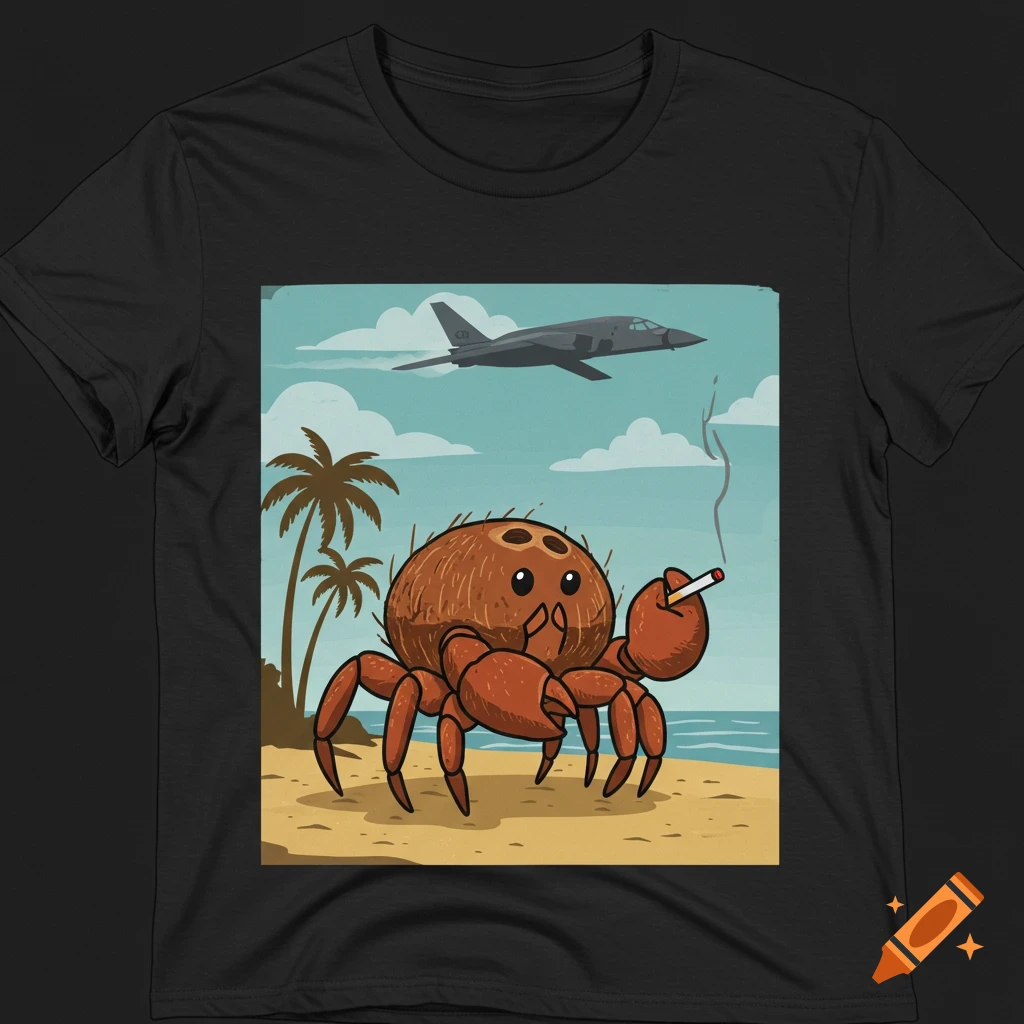 Cartoon coconut crab smokes a cigarette on a beach with palm trees and ...