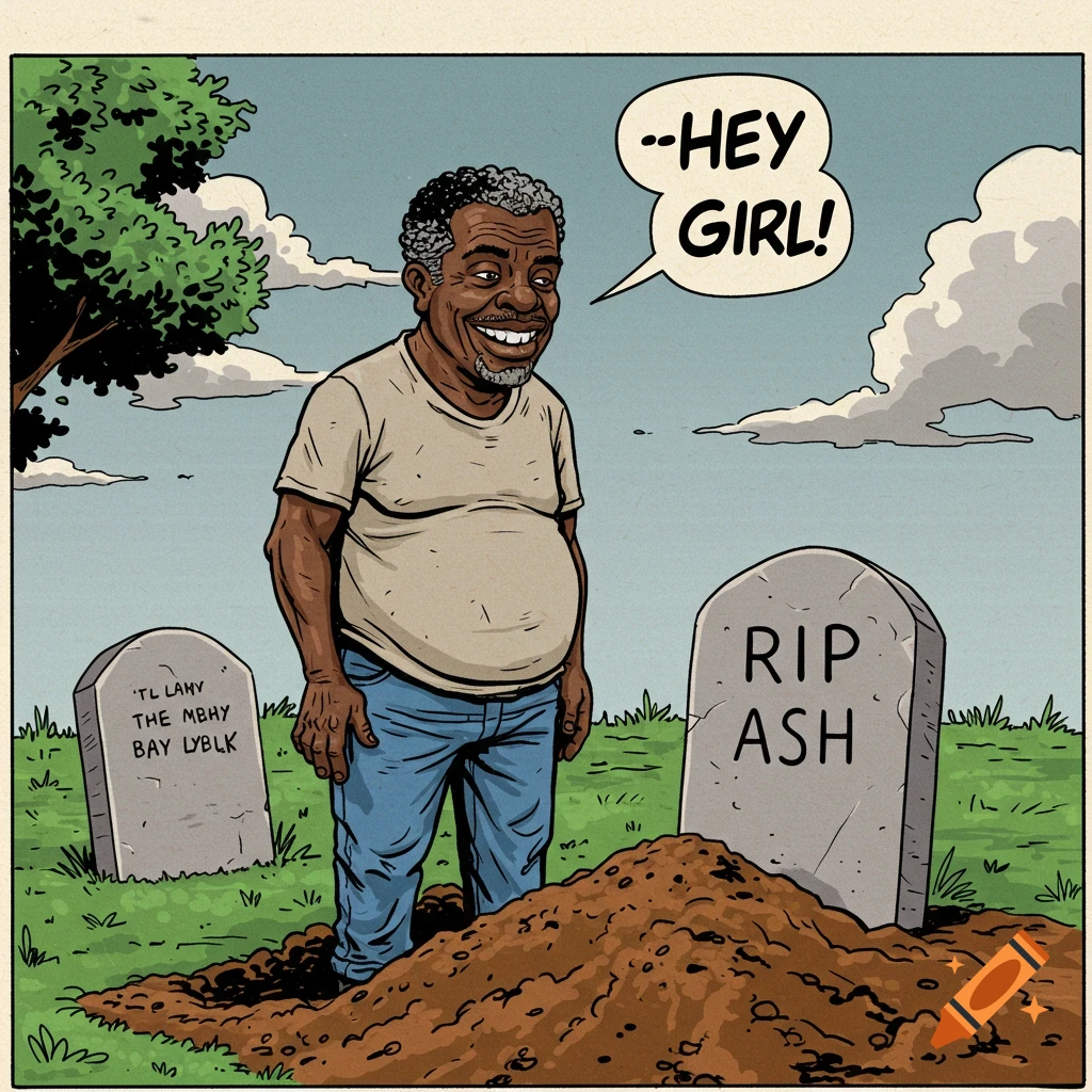 A comic drawing of a smiling man standing over a grave that reads "RIP ...