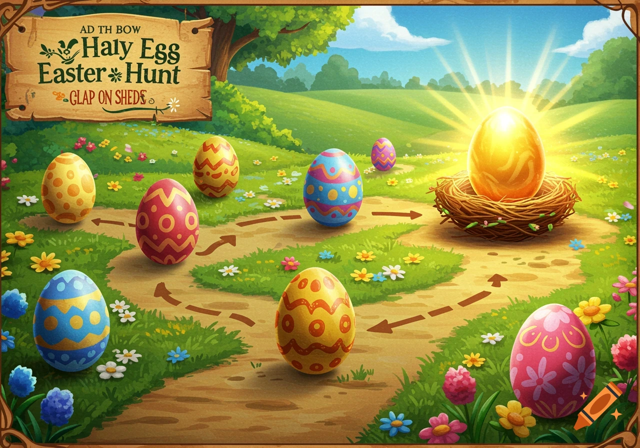 Stylized Easter landscape with a blocky character, giant bunny, eggs ...