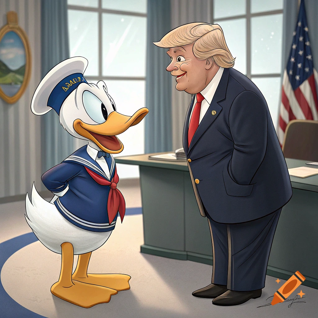 Cartoon illustration of Donald Duck pulling down his blue pants. on Craiyon