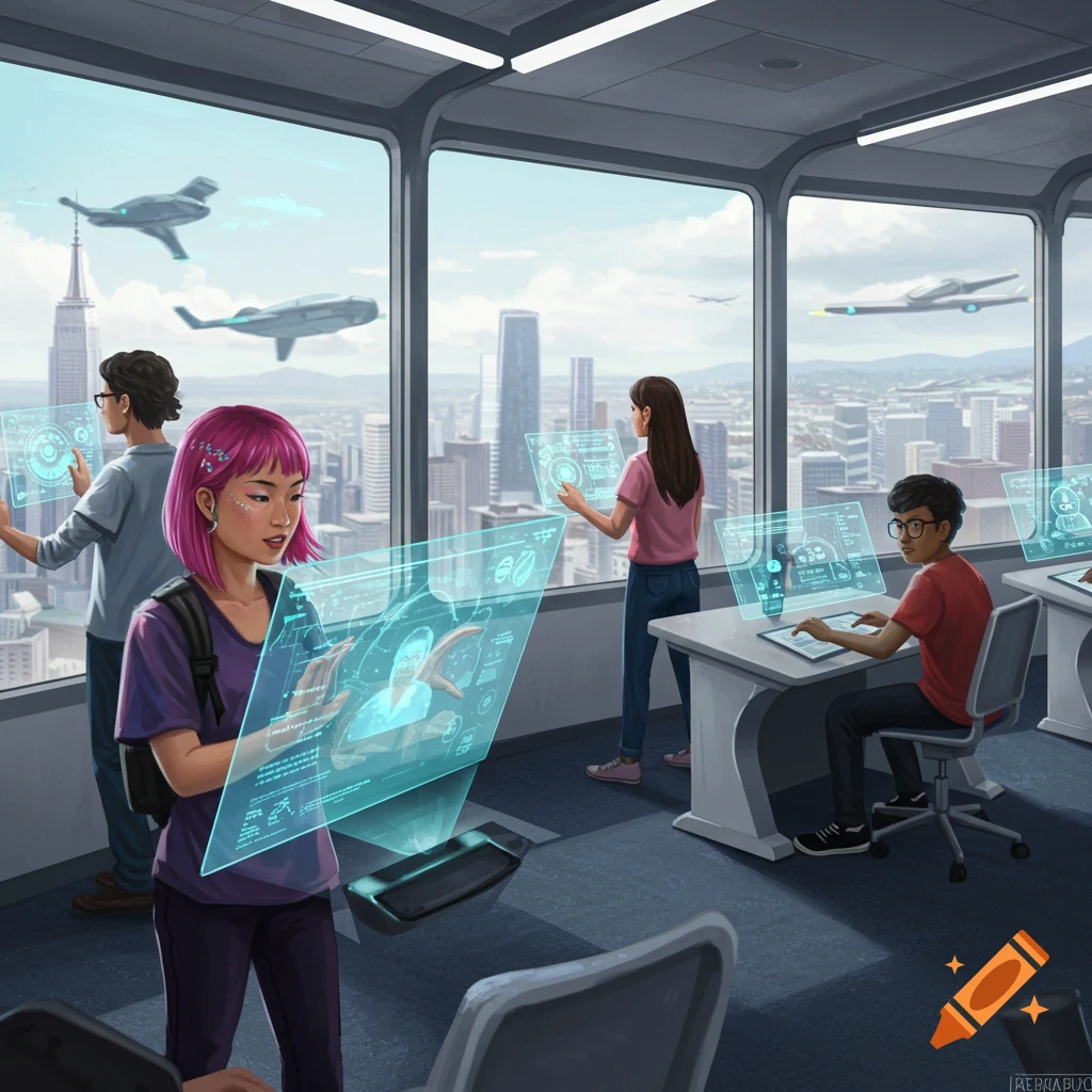Students use holographic displays in a futuristic classroom overlooking ...