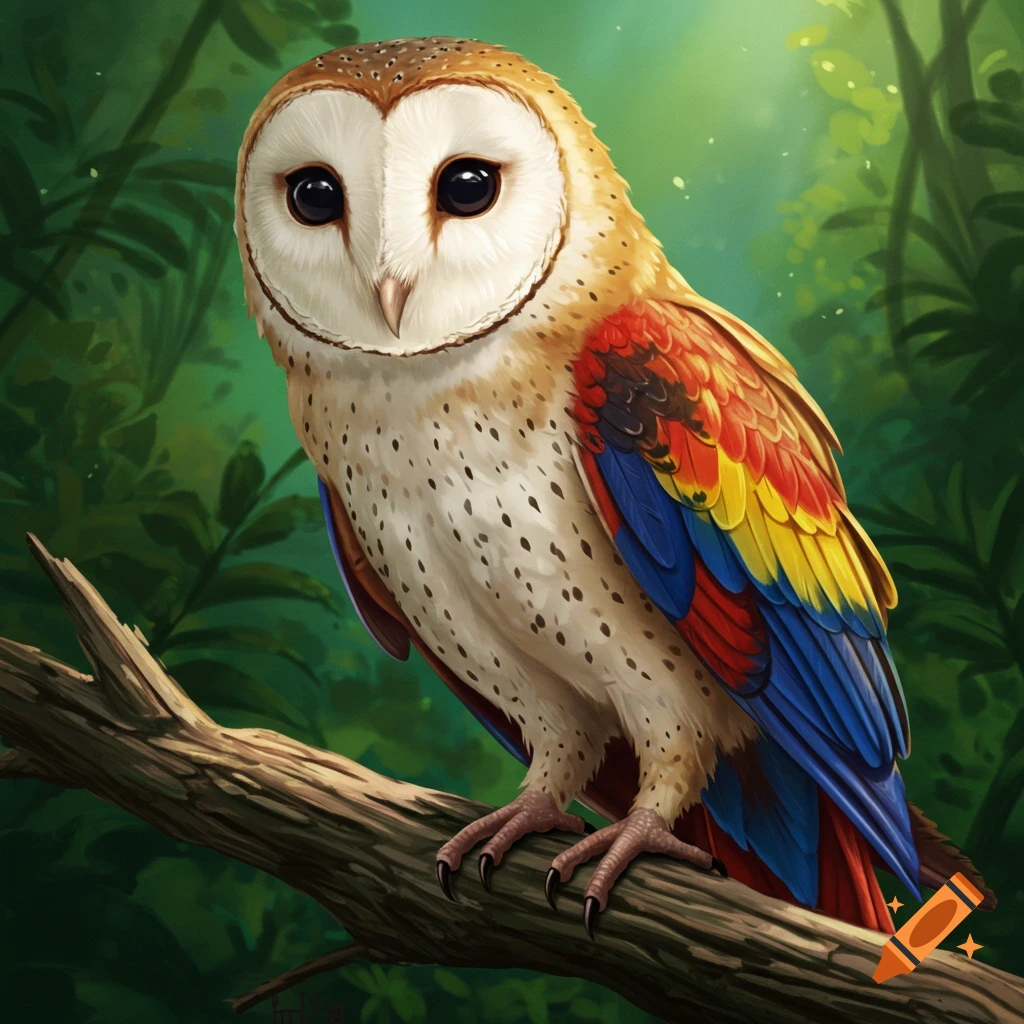 Animal hybrid of owl and macaw parrot on Craiyon