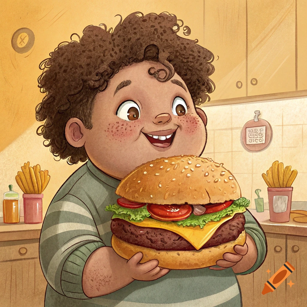 Fat, hairy mixed-race kid holding a giant burger on Craiyon