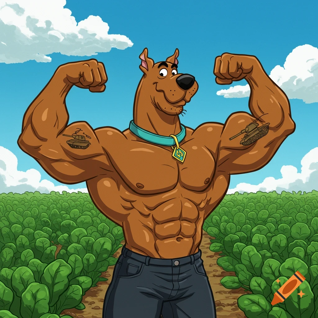 Cartoon illustration of a muscular Scooby Doo flexing in a spinach ...