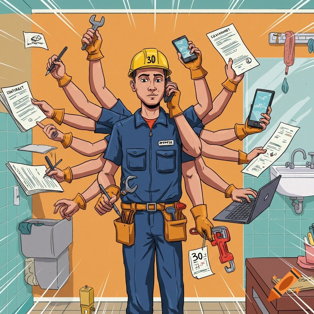 Plumber juggling tasks: marketing, contracts, customer service ...