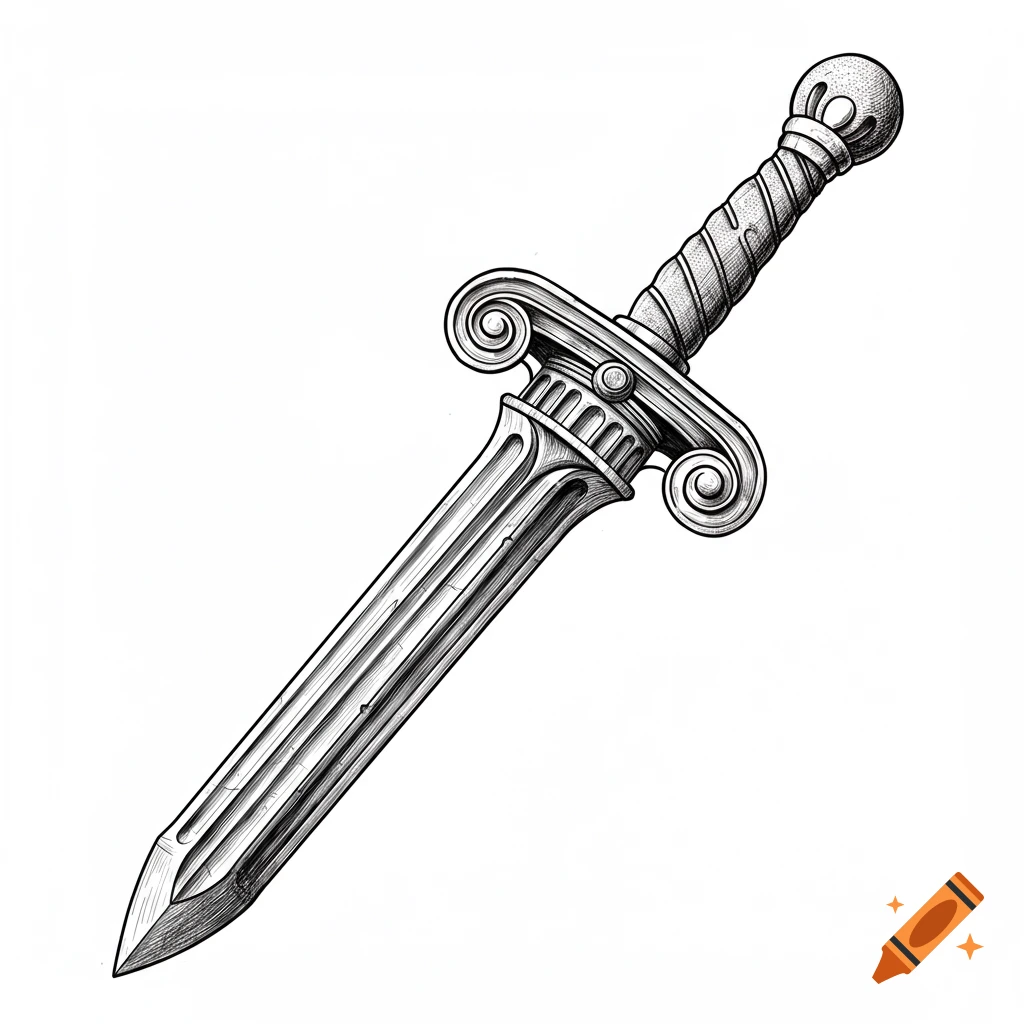Black and white line drawing of a sword with an Ionic column inspired ...