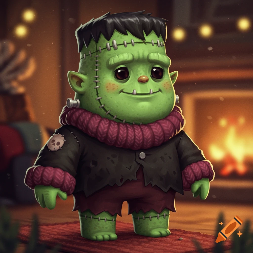 Video game character concept art in cozy style featuring Frankenstein ...