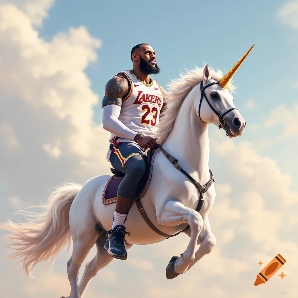 LeBron James rides a white unicorn under a blue sky. on Craiyon