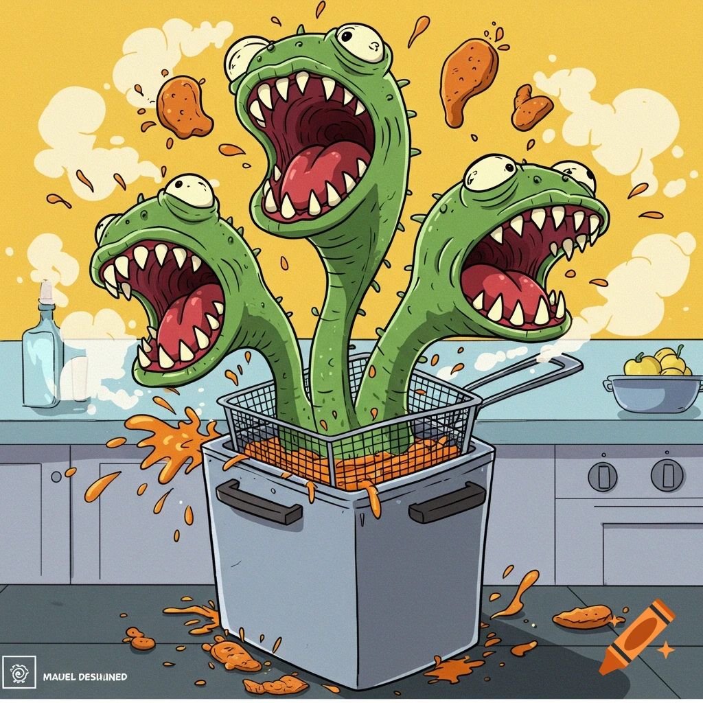 Three cartoon monster heads emerge screaming from a deep fryer in a ...