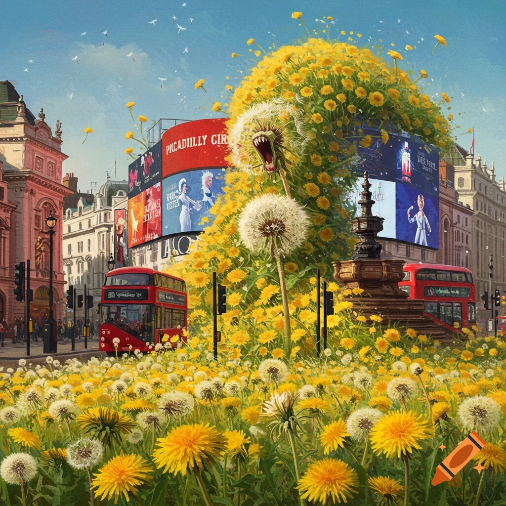 Piccadilly Circus overgrown with dandelions, including a monstrous one ...