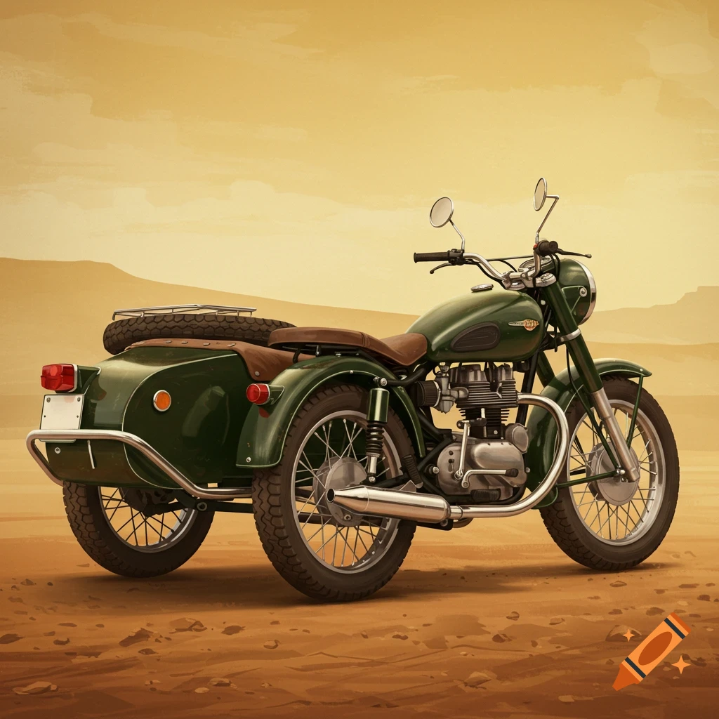 A vintage green motorcycle with a sidecar in a desert landscape. on Craiyon