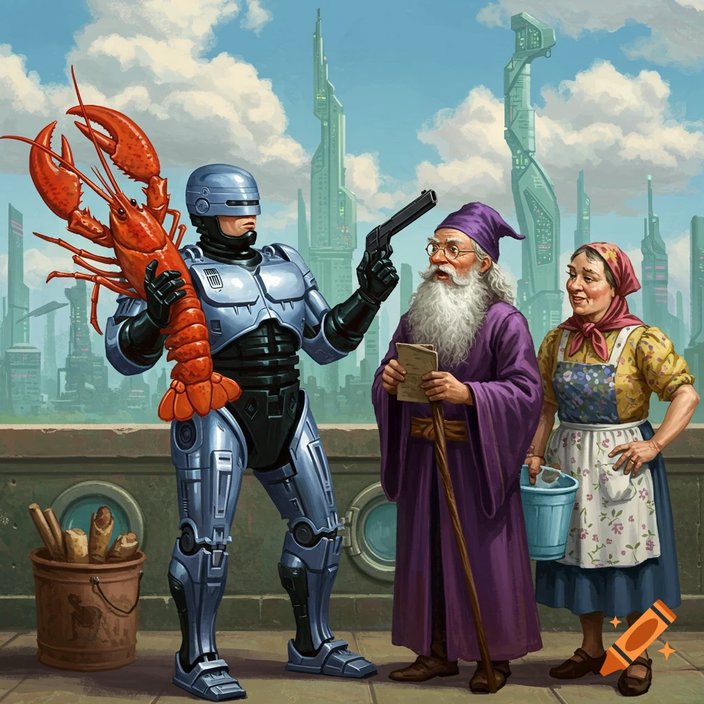 Fat Robocop holding a lobster talking to a wizard and a man dressed as ...