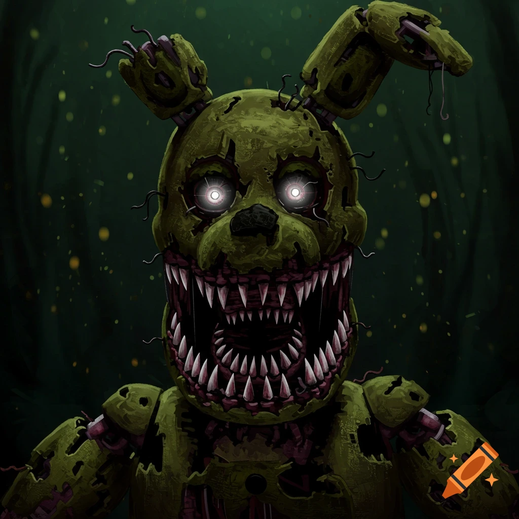 A terrifying green animatronic with sharp teeth and glowing eyes. on ...