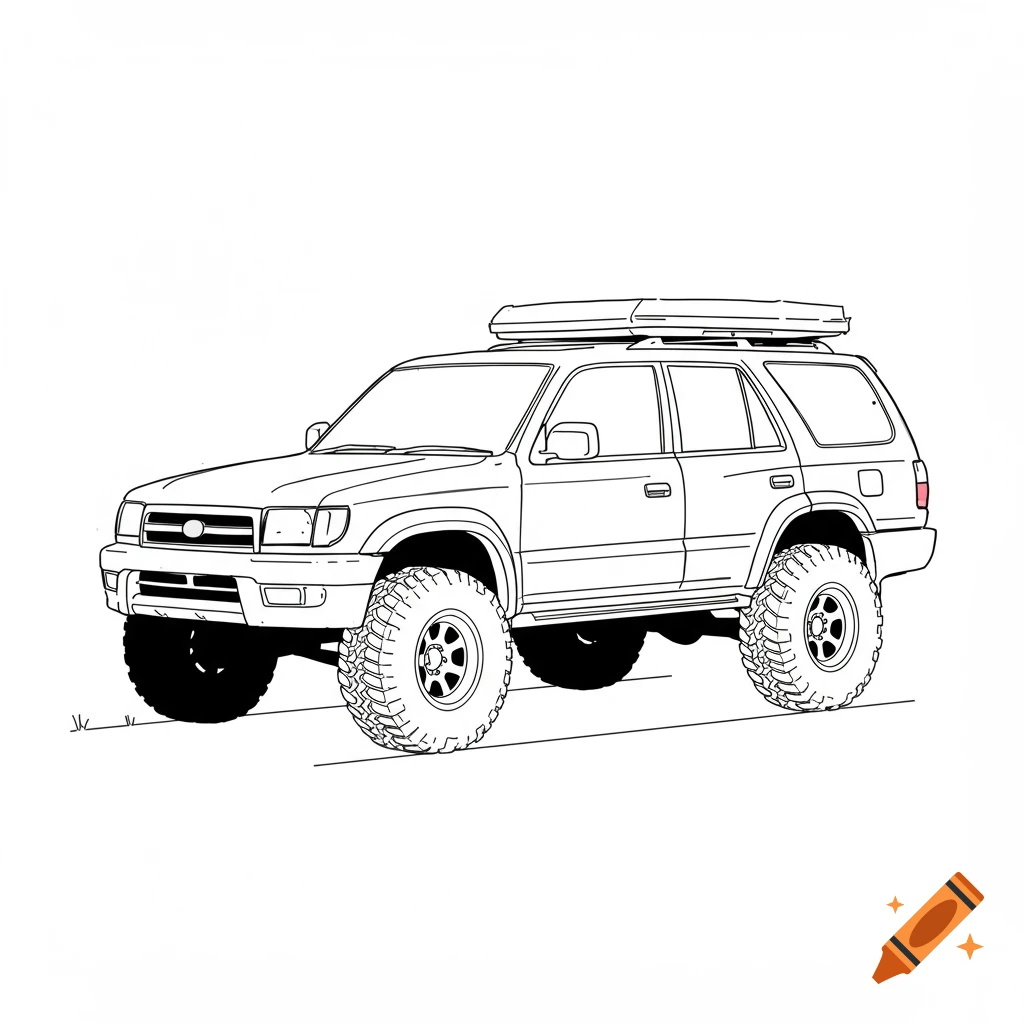 Black and white line drawing of a lifted 4Runner SUV on Craiyon