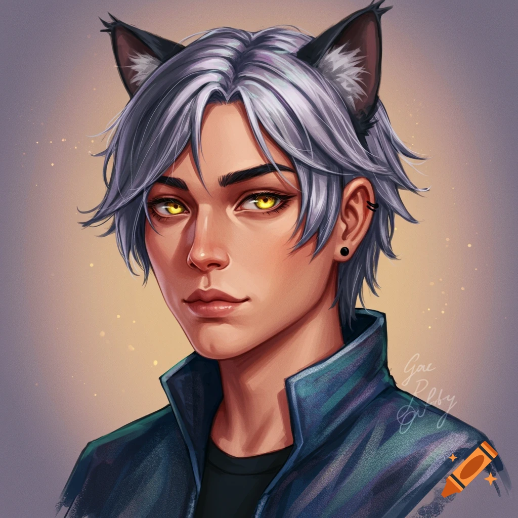 Catboy character with silver hair and golden eyes. on Craiyon