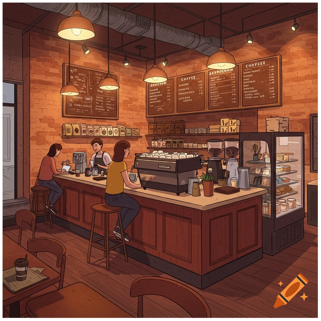 A coffee shop interior with people at the counter. on Craiyon