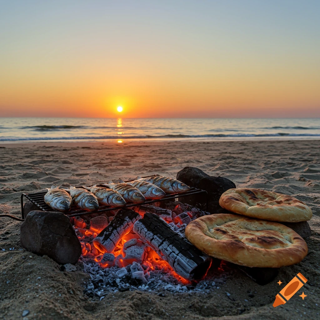 Dawn scene on sandy shore with charcoal fire, sizzling fish, and rustic ...