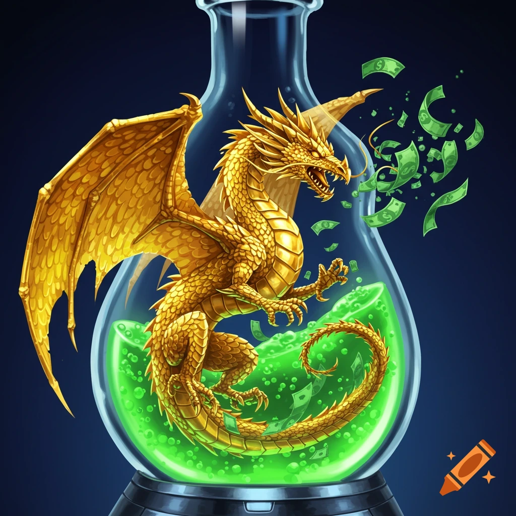 A golden dragon inside a test tube filled with green liquid, spitting ...