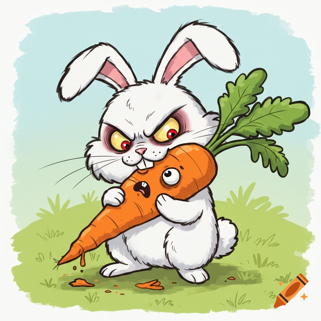 Evil-looking cartoon bunny eating a carrot. on Craiyon