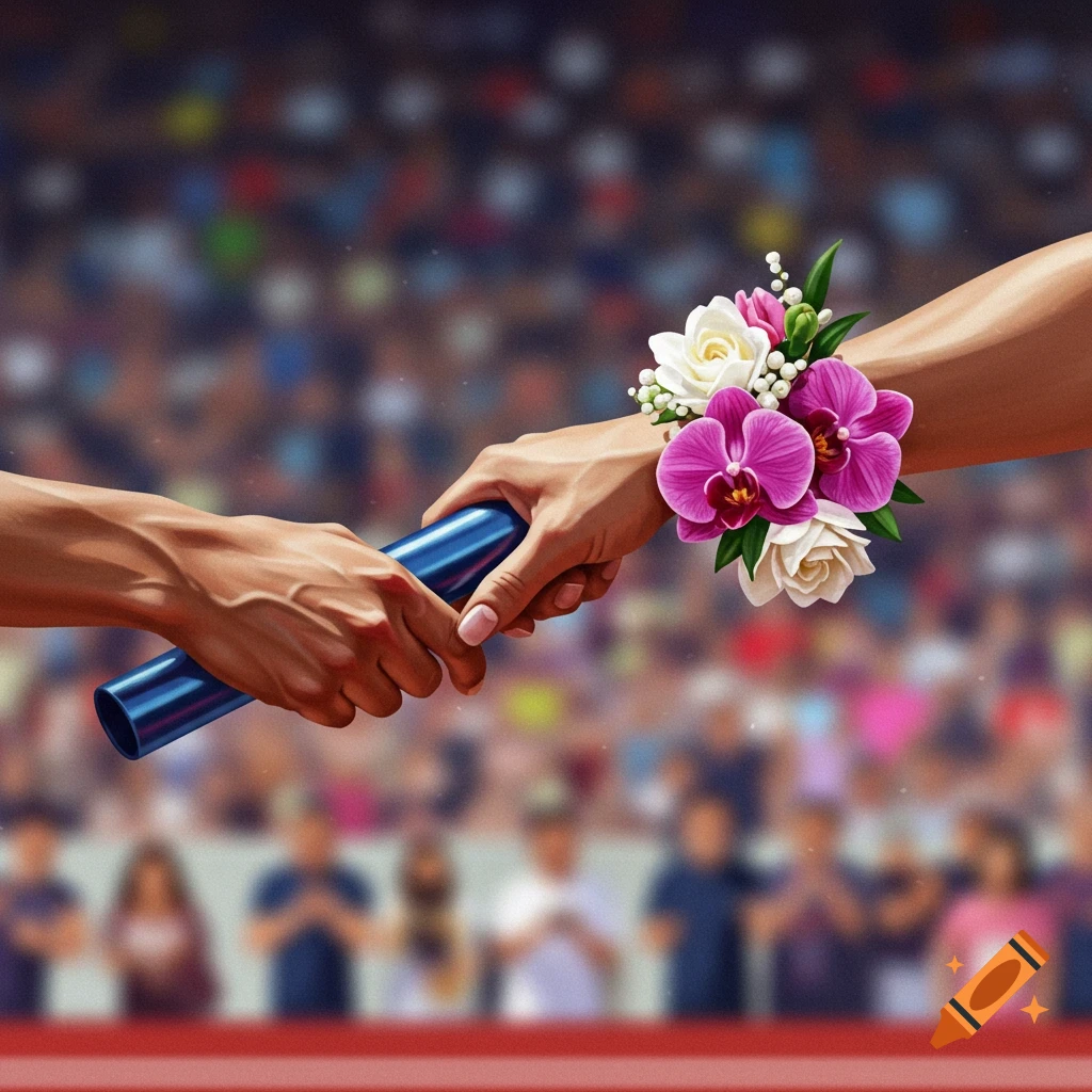 Hand passing a relay baton with a corsage on wrist on Craiyon