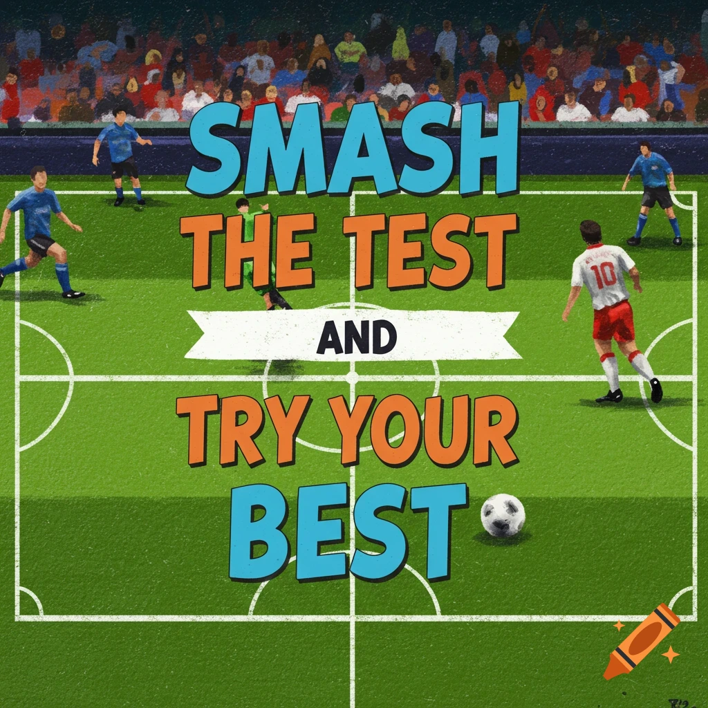 "SMASH THE TEST AND TRY YOUR BEST" on a soccer field on Craiyon