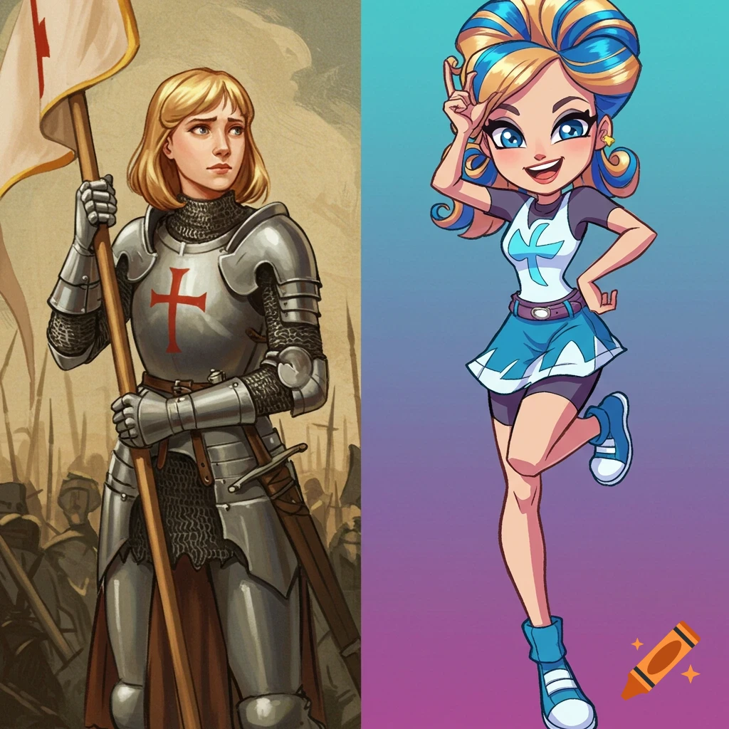 Split image showing Joan of Arc and a cartoon of Clone High's Joan of ...