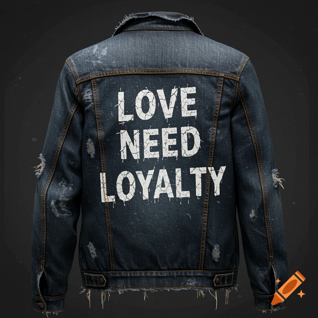 Distressed streetwear jacket with 'Love Need Loyalty' in faded paint on ...