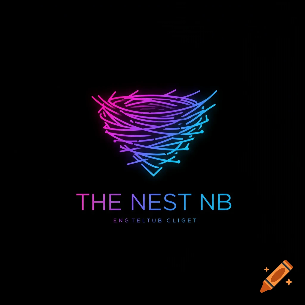 Neon logo of a bird's nest in purple and blue lines on a black ...