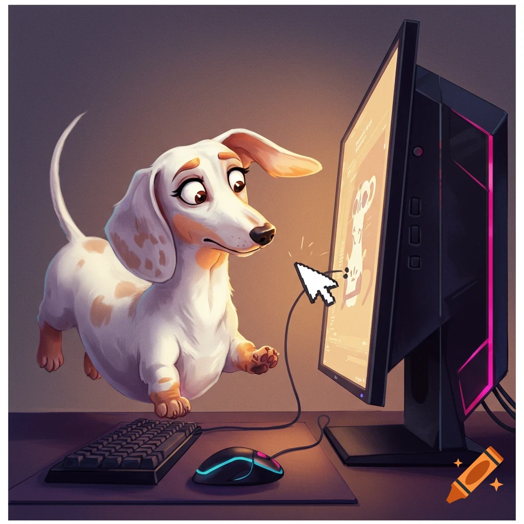 Weiner dog playing on gaming PC on Craiyon