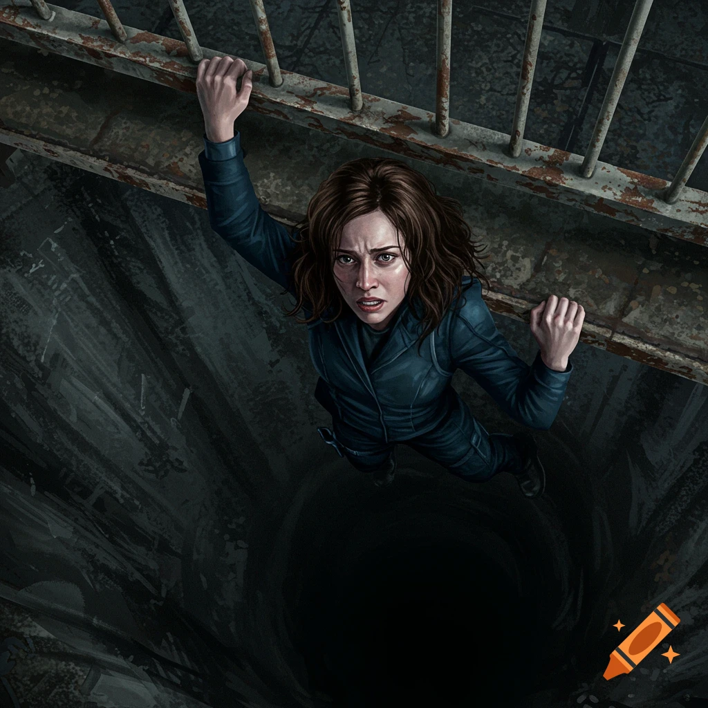 Christina from Divergent hanging over chasm on Craiyon