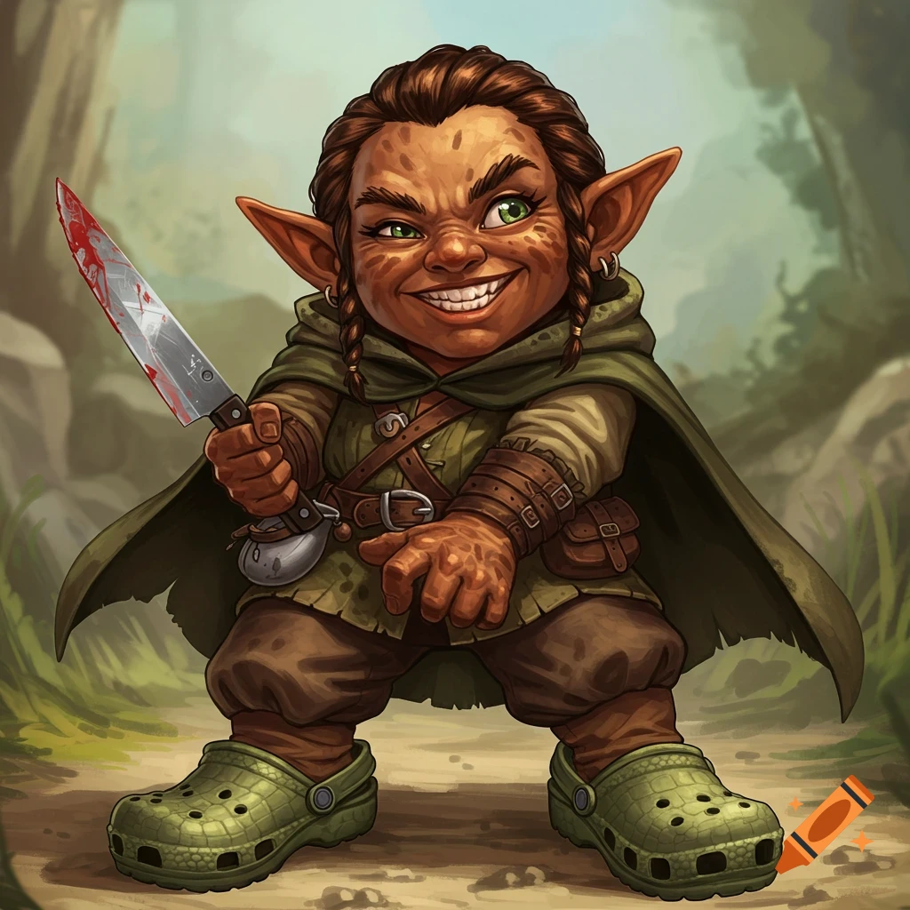 Rock Gnome DND character with Crocs and kitchen knife on Craiyon