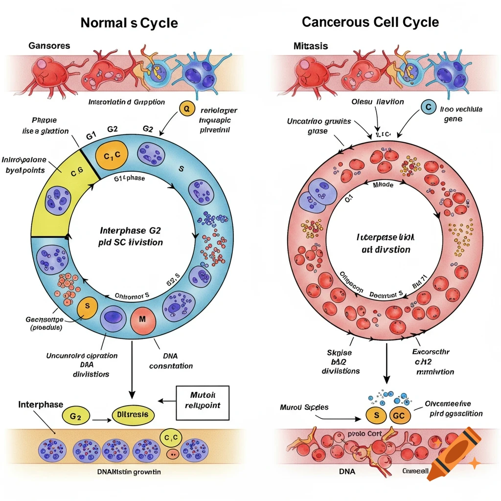 Model of cancer cell cycle vs normal cell cycle on Craiyon