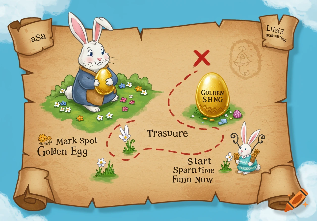 Whimsical treasure map illustration with bunny landmark and golden egg ...