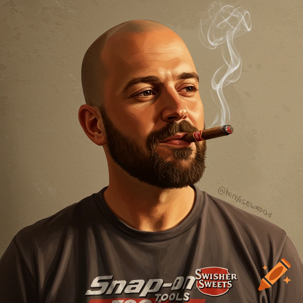 Bald man with beard wearing a Snap-on shirt smoking a Swisher Sweet cigar on Craiyon