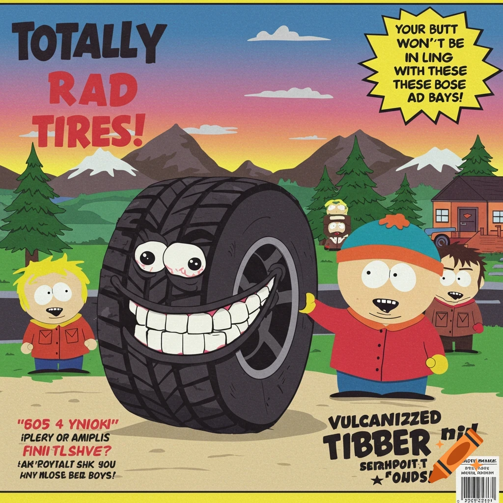 South Park style magazine ad for vulcanized rubber tires on Craiyon